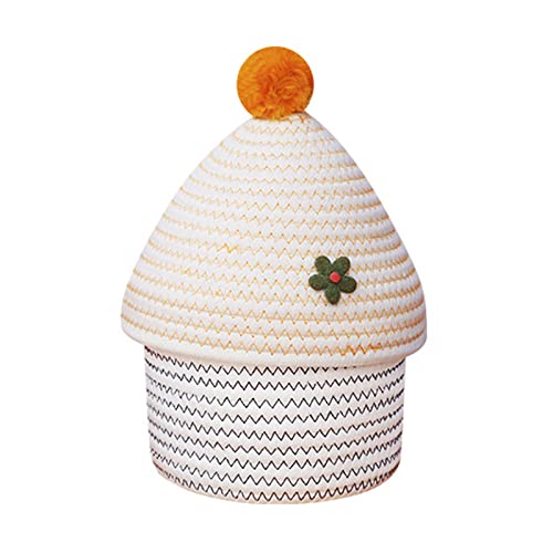 RNCOZE Small House Shaped Storage Basket, Handmade Cotton Rope Organizer Basket with Lid, Creative Snack Container Decorative Storage Bin for Living Room Bedroom Home Storage(Yellow)