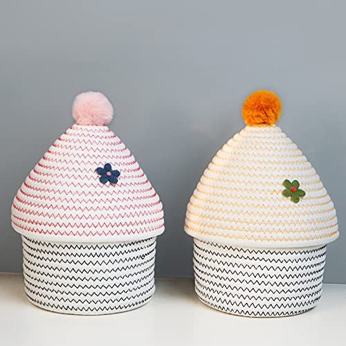 RNCOZE Small House Shaped Storage Basket, Handmade Cotton Rope Organizer Basket with Lid, Creative Snack Container Decorative Storage Bin for Living Room Bedroom Home Storage(Yellow)