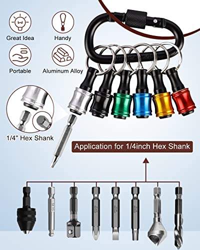 Upgrade, Push to Unlock,katerk 6pcs 1/4 inch Hex Shank Aluminum Alloy Screwdriver Bits Holder Light-weight Quick-change Extension Bar Keychain Drill Screw Adapter Change Portable, With Black Carabiner