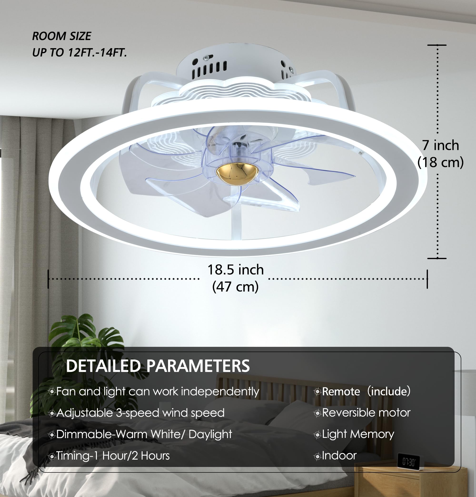 FOSOQIB Low Profile Ceiling Fan with Light and Remote 3-Color Dimmable,3-Speed Reversible Blade Bladeless Ceiling Fan with Light, Ceiling Fans with Lights for Bedroom Kitchen Home Office