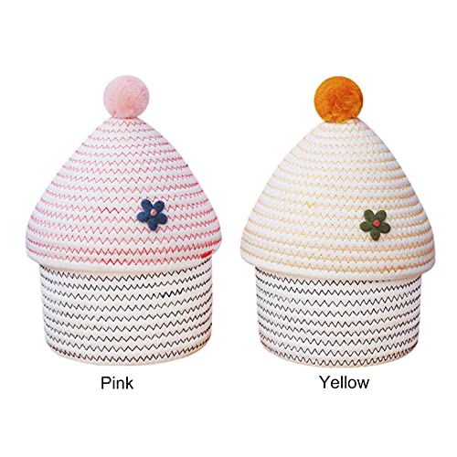 RNCOZE Small House Shaped Storage Basket, Handmade Cotton Rope Organizer Basket with Lid, Creative Snack Container Decorative Storage Bin for Living Room Bedroom Home Storage(Yellow)
