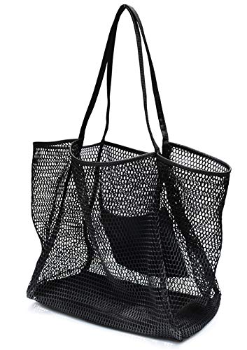 Mesh Beach Tote Womens Shoulder Handbag (Tan, Black)
