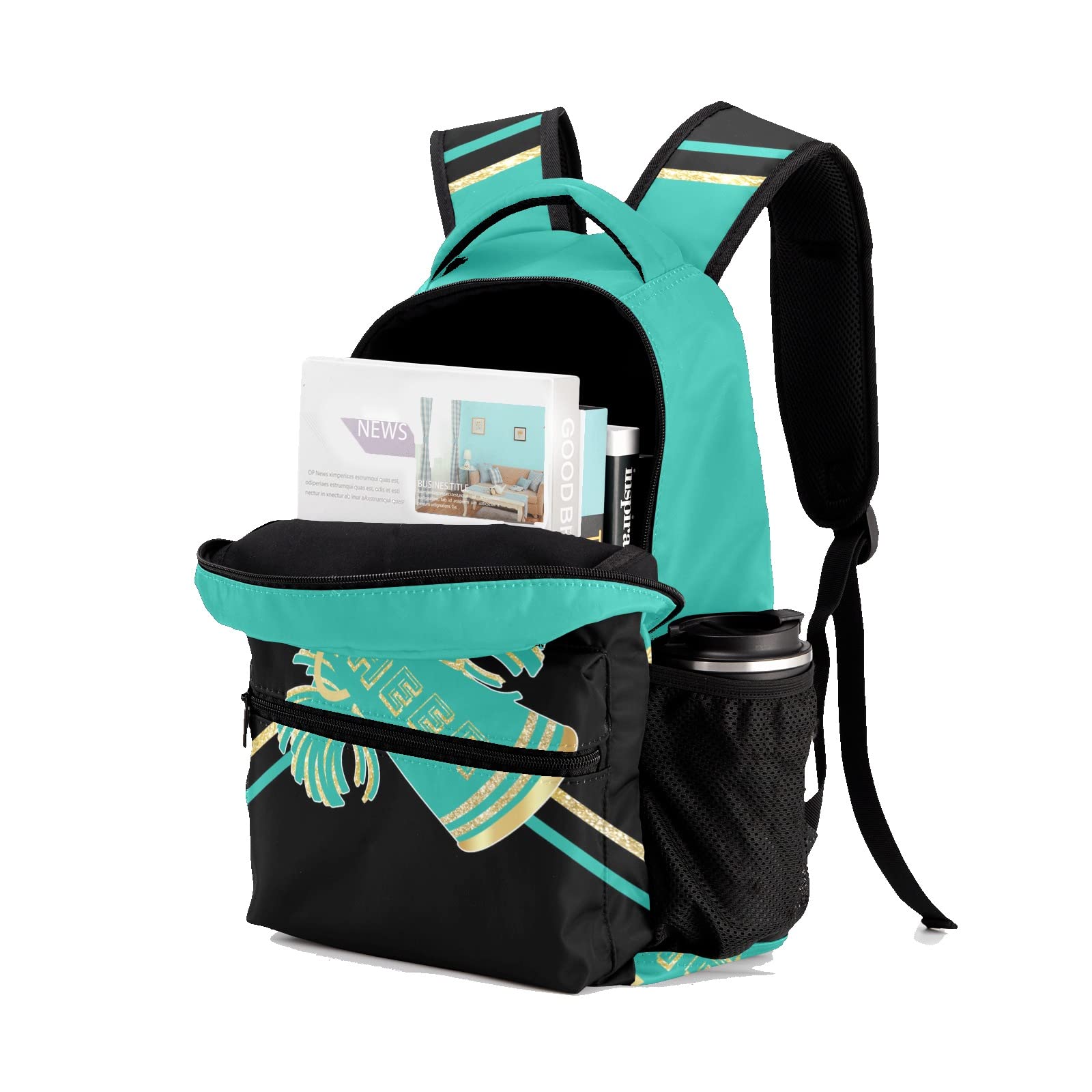 BigBigift Custom Cheer Blue Black Cheerleaders Waterproof Backpack Bookbag with Name for Birthday Holiday Gift, 12.2(L)x5.9(W)x16.5(H)inch