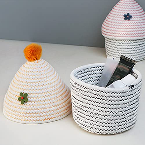 RNCOZE Small House Shaped Storage Basket, Handmade Cotton Rope Organizer Basket with Lid, Creative Snack Container Decorative Storage Bin for Living Room Bedroom Home Storage(Yellow)