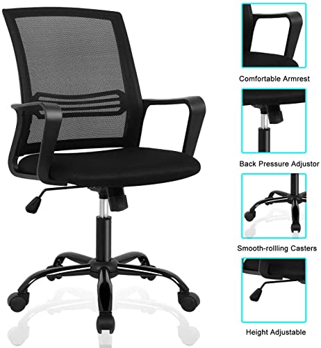 Office Chair, Desk Chair Home Office Chair Mesh Computer Chair Ergonomic Office Chair with Lumbar Support Armrests, Mid Back Task Chair Adjustable Swivel Rolling Chair for Home Office, Living Room