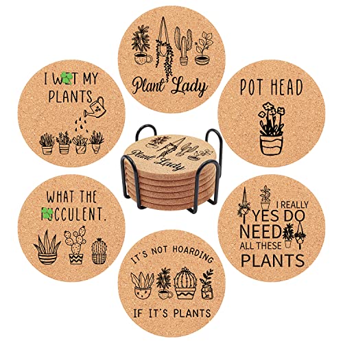 Homento Funny Plant Coasters for Drinks Absorbent with Holder-Plant Gifts for Plant Lovers Women,Funny Succulent Gifts for Gardeners,Crazy Plant Lady Gift,Plant Cork Coasters with Cork Base,Set of 6