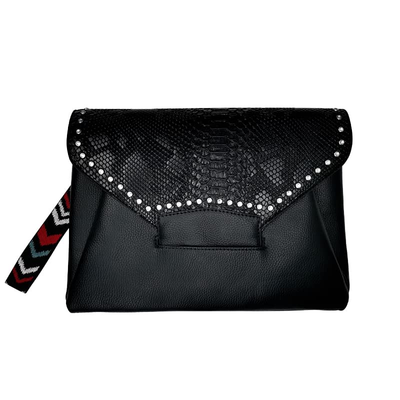 NIGEDU Women Clutch Fashion 3D Python Pattern Envelope Clutches Oversized Purse Bag Rhinestone Evening Party Handbag with Wrist Strap (Black)