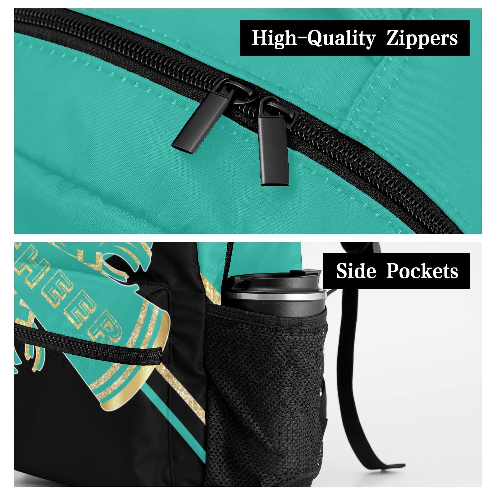 BigBigift Custom Cheer Blue Black Cheerleaders Waterproof Backpack Bookbag with Name for Birthday Holiday Gift, 12.2(L)x5.9(W)x16.5(H)inch