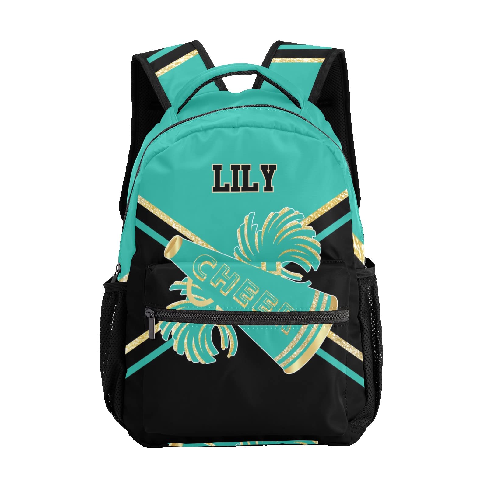 BigBigift Custom Cheer Blue Black Cheerleaders Waterproof Backpack Bookbag with Name for Birthday Holiday Gift, 12.2(L)x5.9(W)x16.5(H)inch