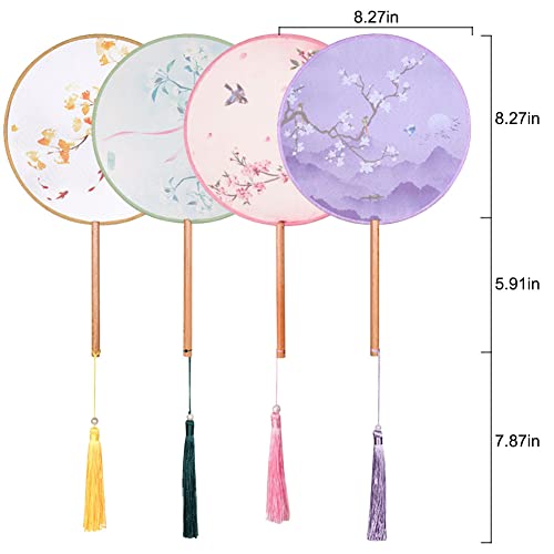 BAOZOON 4PCS Silky Translucent Antique Round Fan Classic Group Fan Floral Pattern Dance Fan Hanfu Women's Tassel Wooden Handle Palace Fan Wedding Favor Gift Home Decor