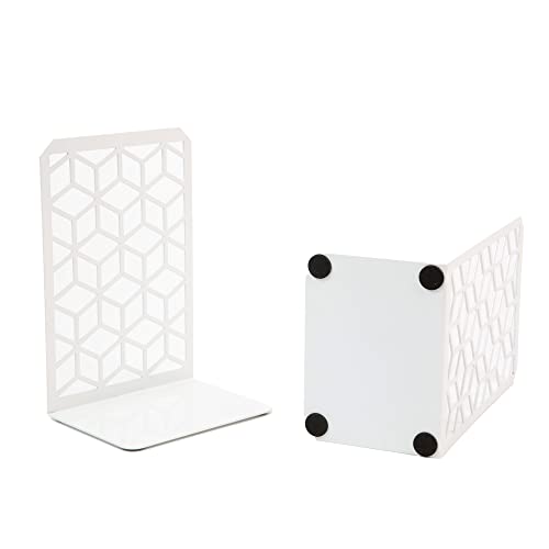 3D Metal White Bookends for Heavy Books, Premium Boho Book Ends for Office, Sturdy Book Stopper, Rustproof and Durable Bookends Decorative Unique for Home, 7 (L) x 4.75 (W) inches, 1 Pair - Geomod
