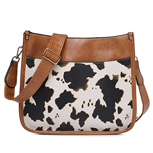 Women Shoulder Crossbody Bag Vintage Handbags Purse with Leopard Guitar Strap Medium Satchel Hobo Bag, Cow Pattern