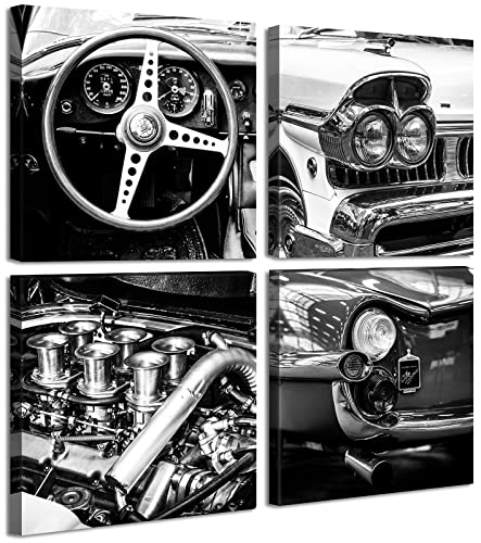 DJSYLIFE Black and White Wall Art Vintage Car Posters Decor Mens Bedroom Boys Room Office Paintings Canvas Pictures Framed Ready to Hang 12" W×12" H×4 PCS