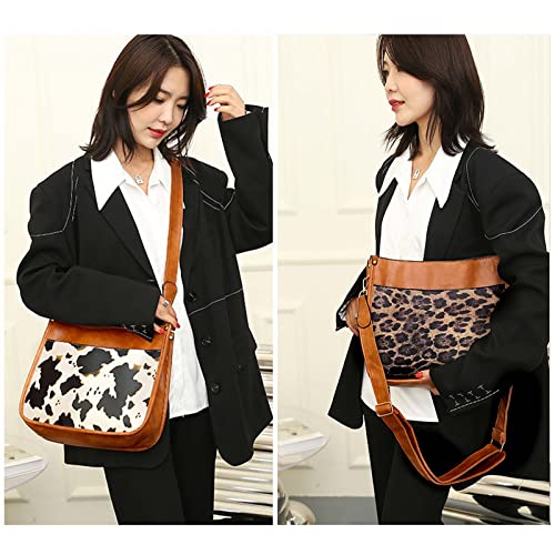Women Shoulder Crossbody Bag Vintage Handbags Purse with Leopard Guitar Strap Medium Satchel Hobo Bag, Cow Pattern