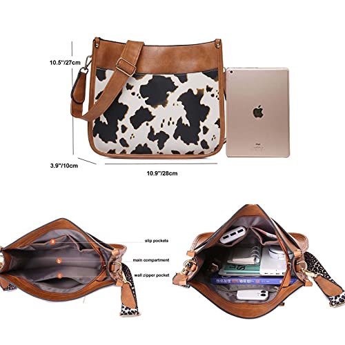 Women Shoulder Crossbody Bag Vintage Handbags Purse with Leopard Guitar Strap Medium Satchel Hobo Bag, Cow Pattern