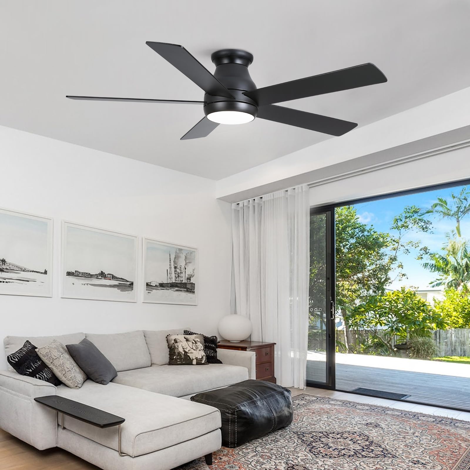 POCHFAN 52 Inch Black Ceiling Fans with Lights and Remote, LED Low Profile Flush Mount Ceiling Fan for Bedroom, Living Room, with Quiet DC Motor, Dimmable 6 Speeds