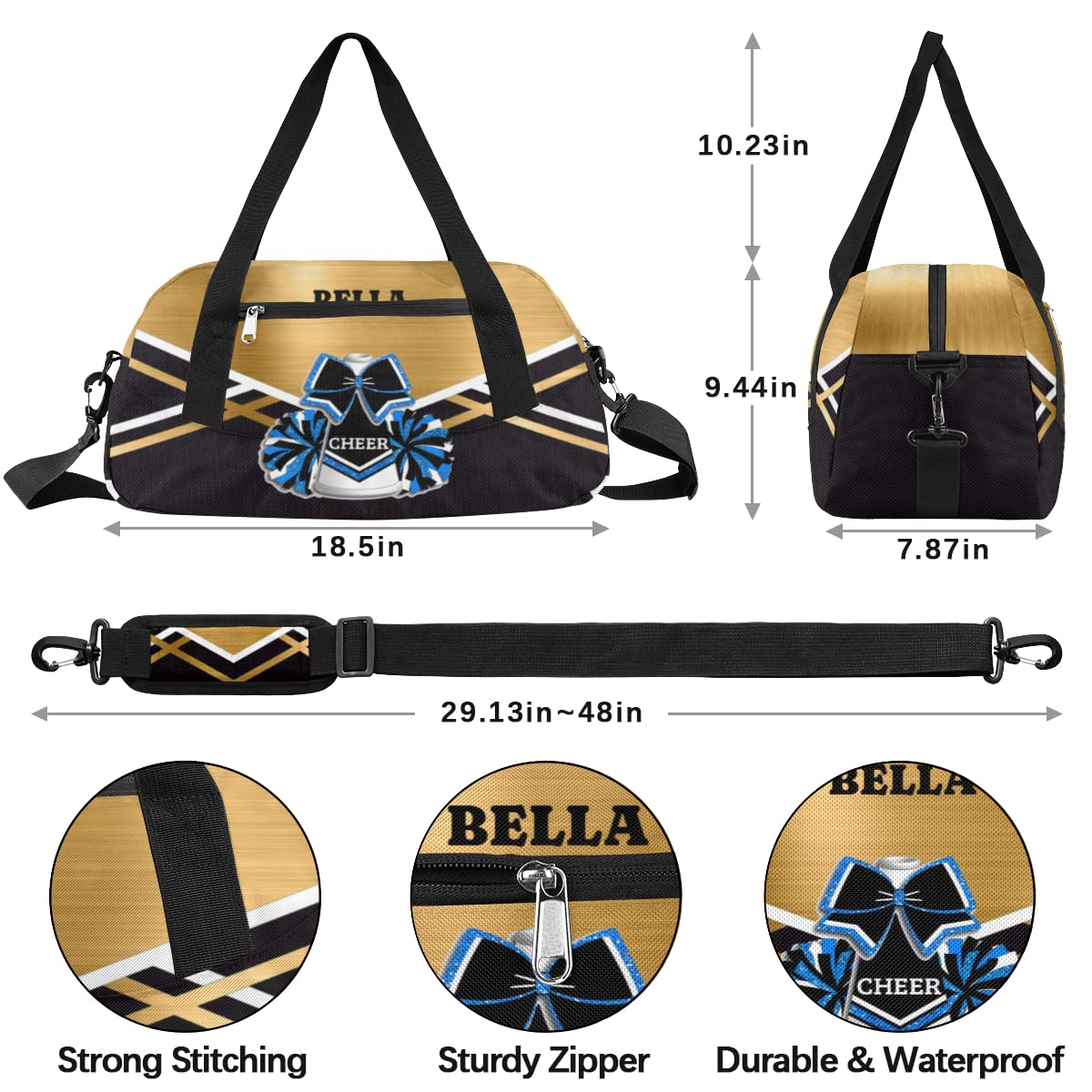 Personalized Cheerleader Bag Dance Bag for Girl, Custom Gym Bag Sport Duffel Bag, Weekender Bags Travel Duffel Bag Glittery Gold Cheer