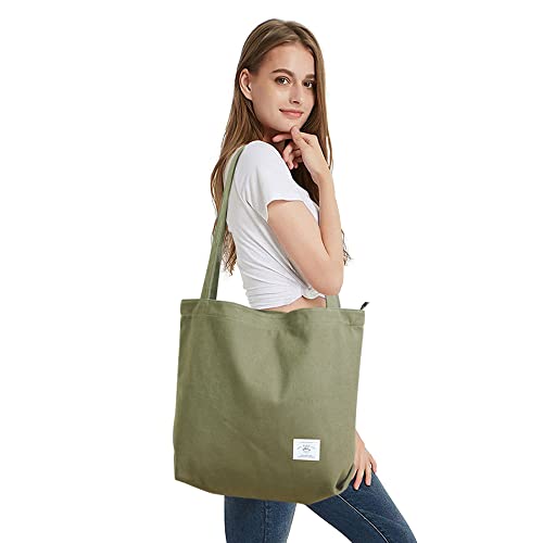 KALIDI Women's Canvas Tote Bag Retro Shoulder Bag Canvas Handbags Purse with Zipper Pockets Simple Work Bag, Cream White