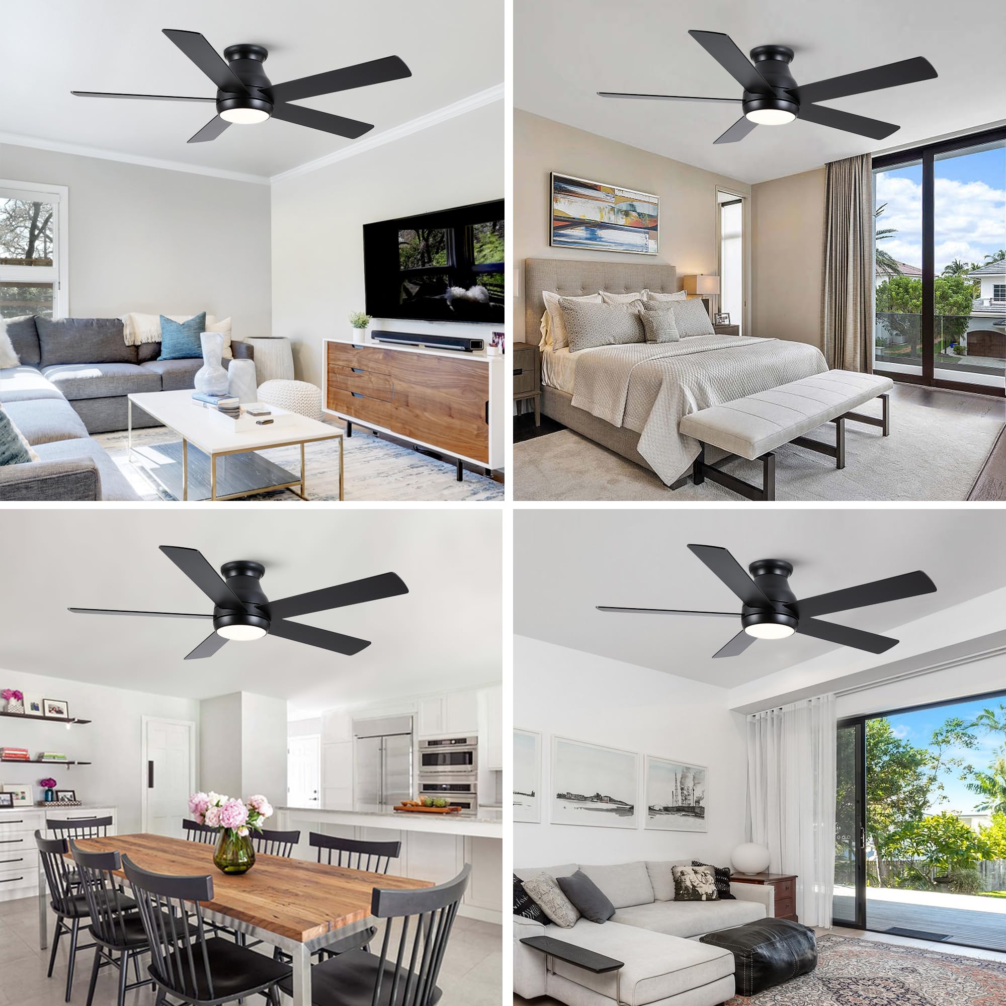 POCHFAN 52 Inch Black Ceiling Fans with Lights and Remote, LED Low Profile Flush Mount Ceiling Fan for Bedroom, Living Room, with Quiet DC Motor, Dimmable 6 Speeds