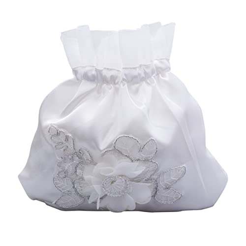 DOITOOL Satin Bridal Wedding Money Bag White Bridal Wedding Bag Satin Flower Decorated Dolly Bag Bridal Purse Handbag for Wedding