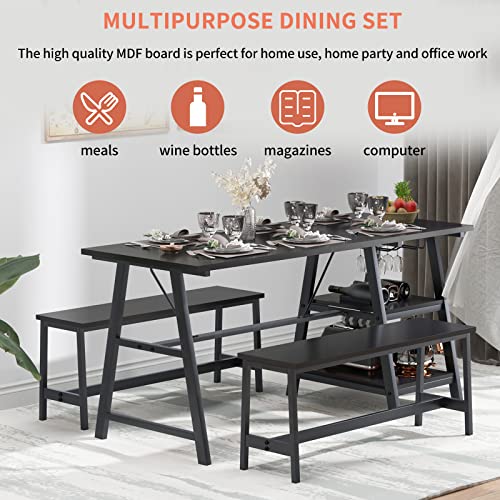 SogesHome 55’’ Kitchen Table Sets, 3-Piece Dining Room Table and Benches for 4, Breakfast Lunch Table with Wine Rack and Glass Holder for Kitchen, Living-Room, Small Space, Black