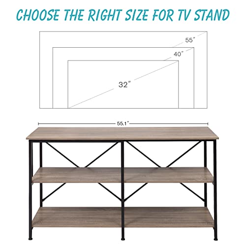 Vagowin 55 inch Sofa Console Table - 3-Tier Wood Hallway Table with Storage Industrial Rustic - Modern Entertainment Center with Shelf TV Stands, Farmhouse Side Table Bookshelf for Living Room, Grey