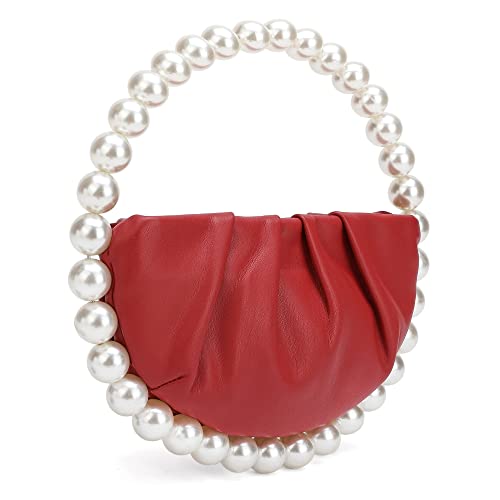 Pearl Soft Face Pleated Handbag Advanced Evening Bag Party Prom Bride Purse Phone Clutch Purse (Red)