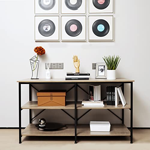 Vagowin 55 inch Sofa Console Table - 3-Tier Wood Hallway Table with Storage Industrial Rustic - Modern Entertainment Center with Shelf TV Stands, Farmhouse Side Table Bookshelf for Living Room, Grey