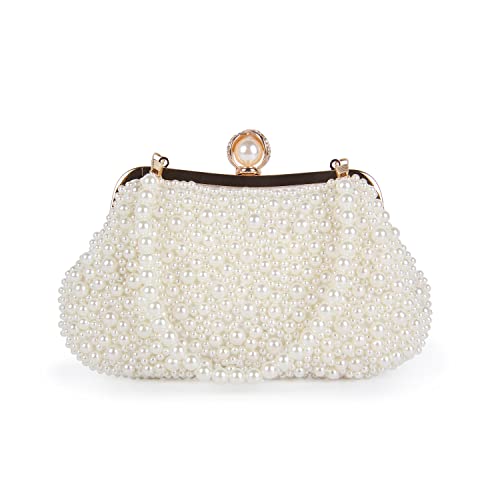 Fecialy Pearl Clutch Purses for Women Wedding Crystal Beaded Evening Handbags with Pearl Chain
