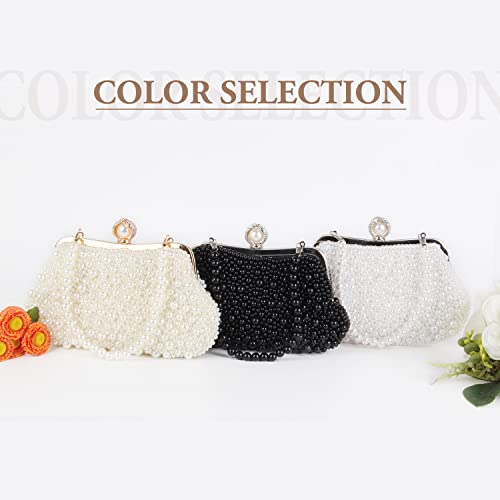 Fecialy Pearl Clutch Purses for Women Wedding Crystal Beaded Evening Handbags with Pearl Chain