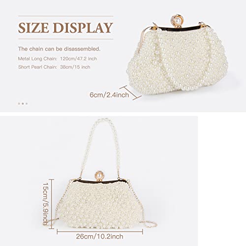Fecialy Pearl Clutch Purses for Women Wedding Crystal Beaded Evening Handbags with Pearl Chain