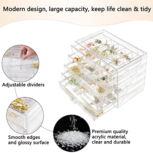 Weiai 90 Grids Adjustable Dividers Acrylic Jewelry Organizer, 5 Drawers Clear Jewelry Box Large Enough to Store Earrings Rings