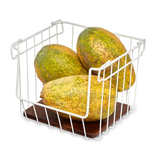 iDesign The Ría Safford Collection Open Front Wire Basket with Acacia Wood, 10" x 10" x 8"