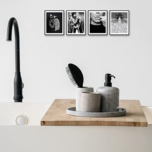 Bathroom Decor Wall Art Prints Glam Glitter Tissue Sliver Grey Funny Bathroom Toilet Paper Artwork for Wall Black and White Modern Fashion Art Gallery Wall Set (11"x14" UNFRAME)