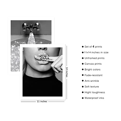 Bathroom Decor Wall Art Prints Glam Glitter Tissue Sliver Grey Funny Bathroom Toilet Paper Artwork for Wall Black and White Modern Fashion Art Gallery Wall Set (11"x14" UNFRAME)