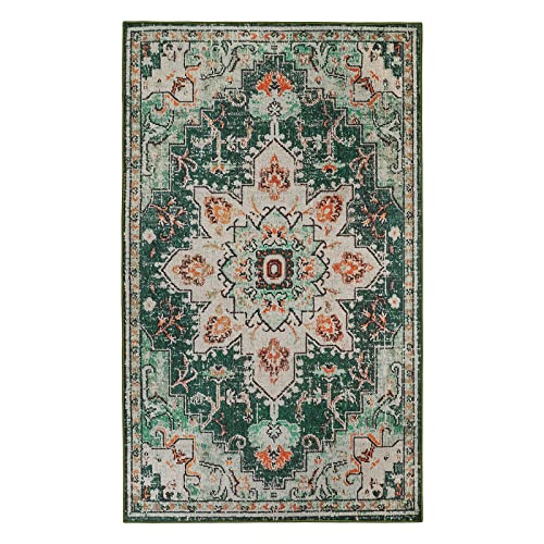 Morebes Ultra-Thin Washable Green Rug 3x5, Large Boho Entryway Office Rug Non-Slip Kitchen Mat Persian Laundry Accent Rug Distressed Oriental Christmas Carpet for Living Room Mushroom