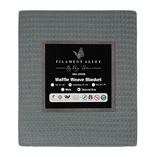 Filament Alley 100% Cotton Waffle Weave Bed Blanket Charcoal Grey Full Queen 90x90 Inch Breathable Lightweight Comforter Throw Blanket Travel Throw Blanket Couch Bed Sofa