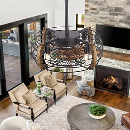 SADENICEL Farmhouse Caged Fan with Lights Remote Control, 17 Inch Low Profile Bedroom Fans, Rustic Ceiling Fans for Kitchen, Dining Room (Antique Wood-E)