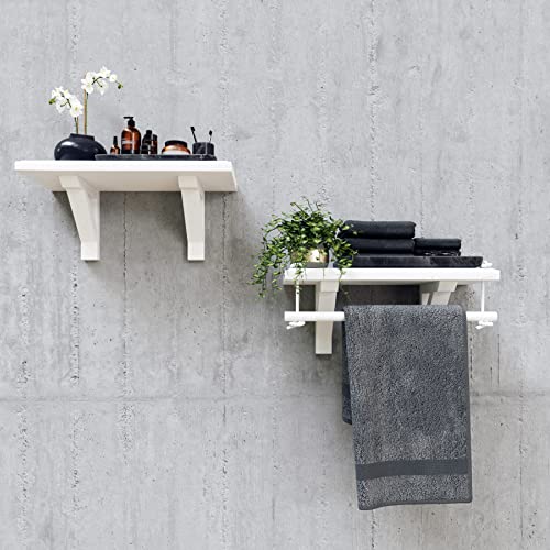 IRON WOOD White Floating Shelves Set of 2 with Towel Bar - Wall Mounted Floating Bathroom Shelves Over Toilet -for Kitchen Living Room - Bookshelf -