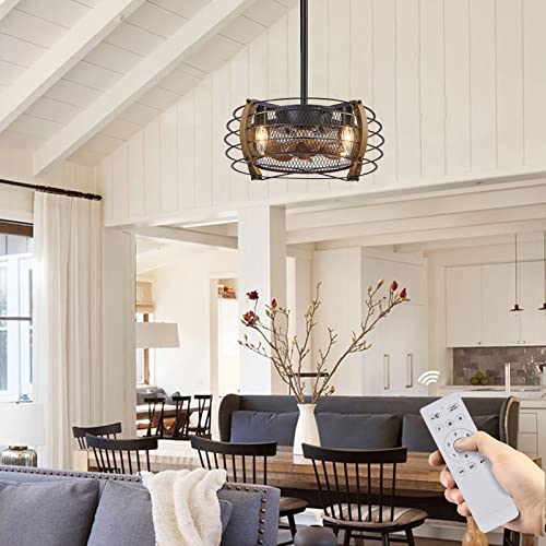 SADENICEL Farmhouse Caged Fan with Lights Remote Control, 17 Inch Low Profile Bedroom Fans, Rustic Ceiling Fans for Kitchen, Dining Room (Antique Wood-E)