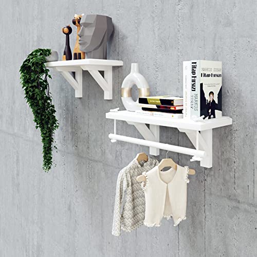 IRON WOOD White Floating Shelves Set of 2 with Towel Bar - Wall Mounted Floating Bathroom Shelves Over Toilet -for Kitchen Living Room - Bookshelf -