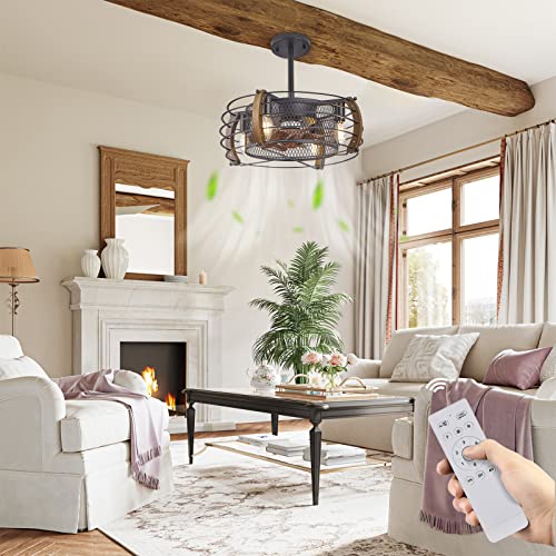 SADENICEL Farmhouse Caged Fan with Lights Remote Control, 17 Inch Low Profile Bedroom Fans, Rustic Ceiling Fans for Kitchen, Dining Room (Antique Wood-E)