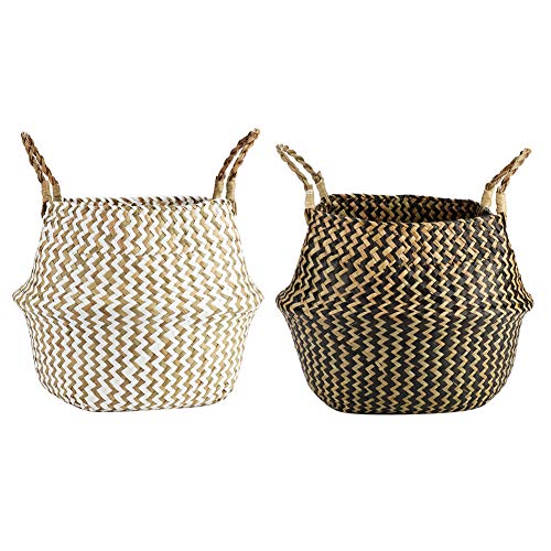 Foldable Storage Basket, Natural Seagrass Woven Storage Basket Clothes Organizer Plant Flower Pot for Bedroom, Living Room, Kids Room(Black (wave pattern))
