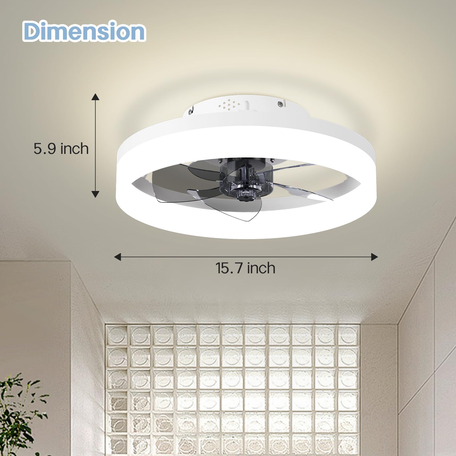 Ceiling Fans With Lights 15.7in, Low Profile Ceiling Fan Flush Mount With Remote, Dimmable LED 3 Color 6 Speeds Timing, Reversible Bladeless Modern Ceiling Fans Fandelier For Bedroom Living Room,White