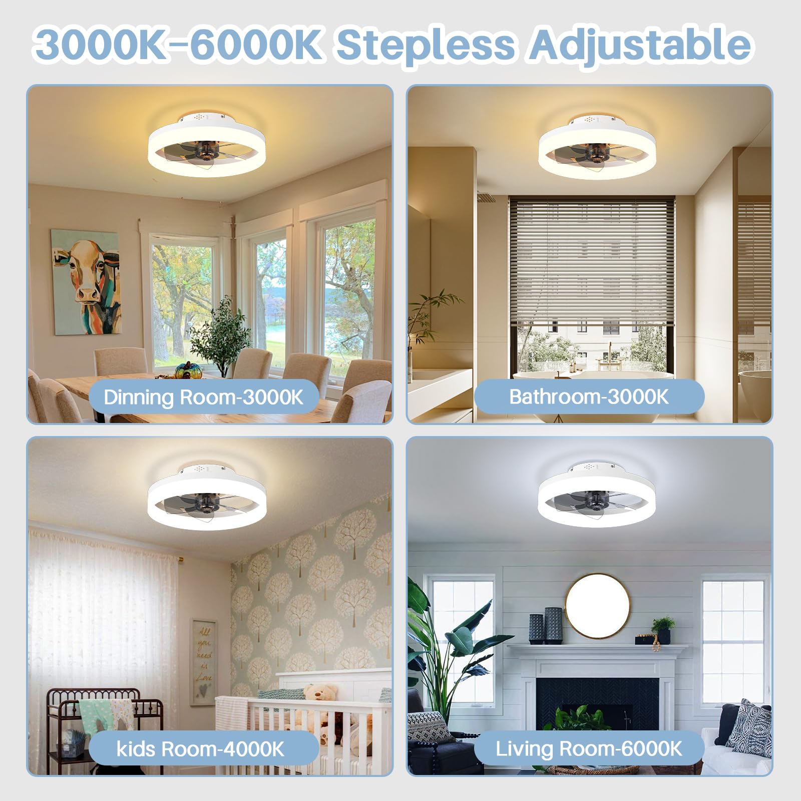 Ceiling Fans With Lights 15.7in, Low Profile Ceiling Fan Flush Mount With Remote, Dimmable LED 3 Color 6 Speeds Timing, Reversible Bladeless Modern Ceiling Fans Fandelier For Bedroom Living Room,White