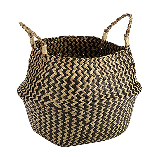 Foldable Storage Basket, Natural Seagrass Woven Storage Basket Clothes Organizer Plant Flower Pot for Bedroom, Living Room, Kids Room(Black (wave pattern))