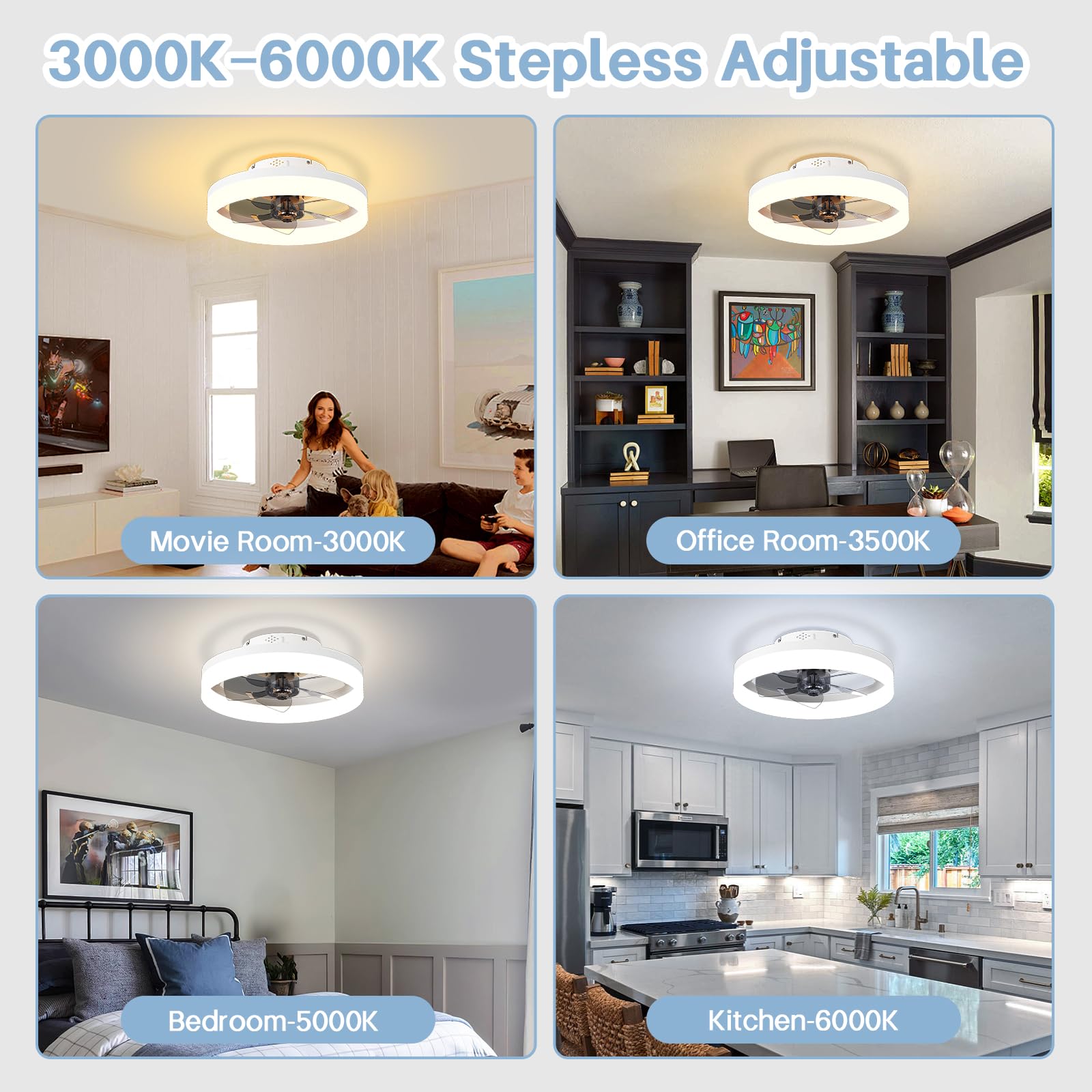 Ceiling Fans With Lights 15.7in, Low Profile Ceiling Fan Flush Mount With Remote, Dimmable LED 3 Color 6 Speeds Timing, Reversible Bladeless Modern Ceiling Fans Fandelier For Bedroom Living Room,White