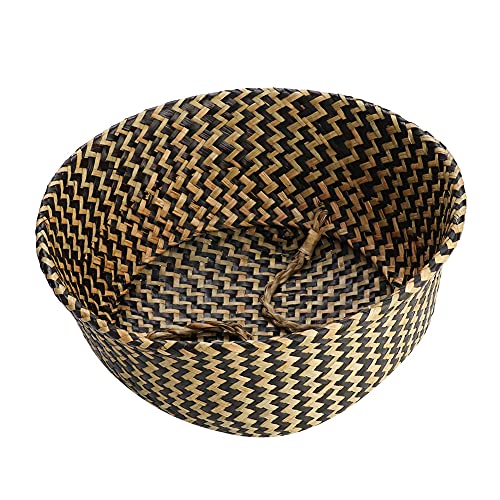Foldable Storage Basket, Natural Seagrass Woven Storage Basket Clothes Organizer Plant Flower Pot for Bedroom, Living Room, Kids Room(Black (wave pattern))