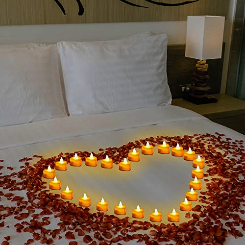 BLOCE 1000 Pieces Artificial Rose Petals with 24Pcs Heart Battery LED Tealight Candles, Rose Petals for Romantic Night for Him Set Valentine's Day (Warm White)