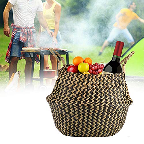 Foldable Storage Basket, Natural Seagrass Woven Storage Basket Clothes Organizer Plant Flower Pot for Bedroom, Living Room, Kids Room(Black (wave pattern))